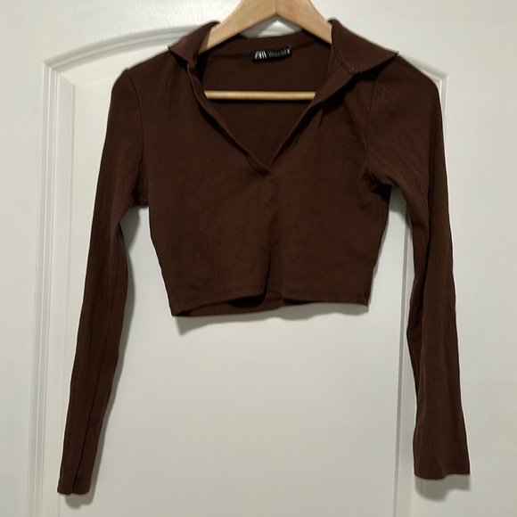 Zara | Tops | Zara Collared Long Sleeve V Neck Crop Top | Poshmark